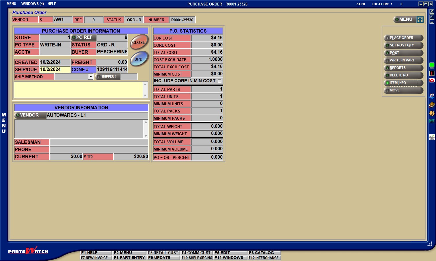 Purchase Order Screen